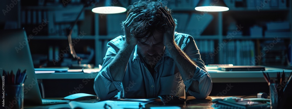 Medium view of an employee with their head in hands at their desk ...