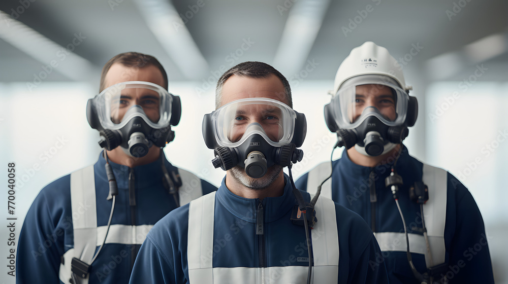 Three male engineers wearing white safety helmets and blue workwear ...