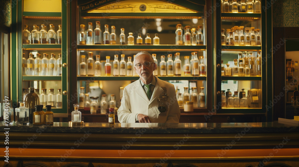 Vintage pharmacist in white coat standing in a pharmacy with shelves of ...