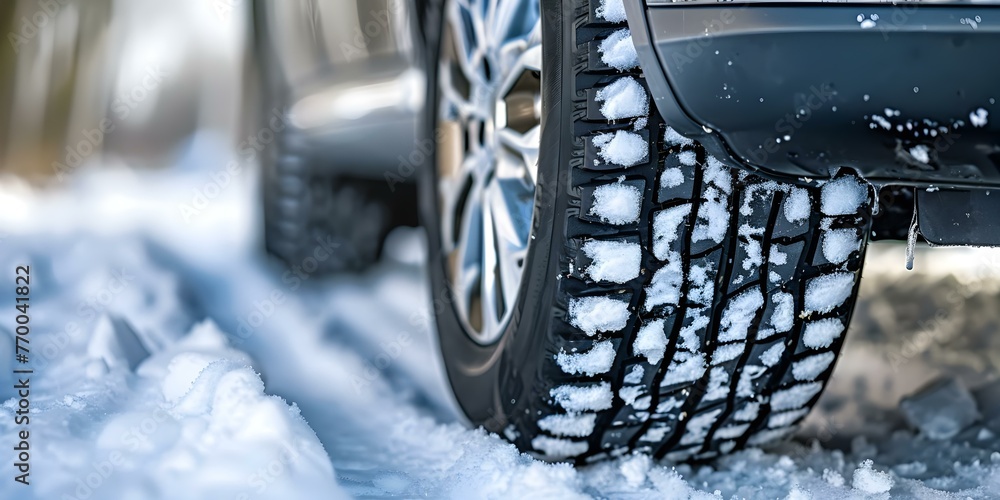Closeup of winter car tires ready for snowy roads ahead emphasizing ...