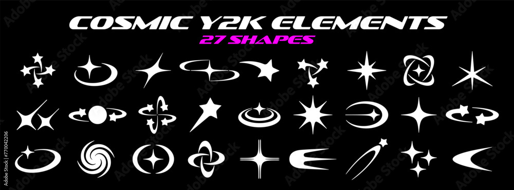 Y2K elements set, retro futuristic cosmic abstract shapes of stars ...
