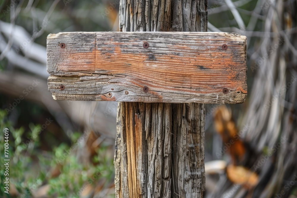 Blank Trail Sign on Rustic Wooden Post. Vintage Old Retro Rural Wood ...