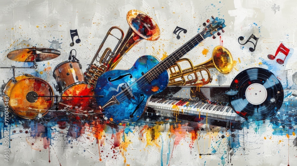 Musical background with various colorful music instruments, guitar and ...