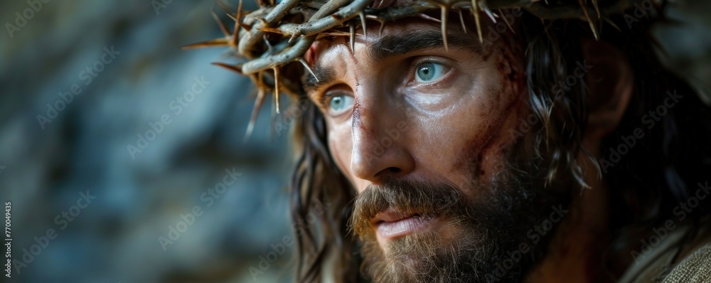 Jesus Christ adorned in a thorned crown, symbolizing sacrifice and ...