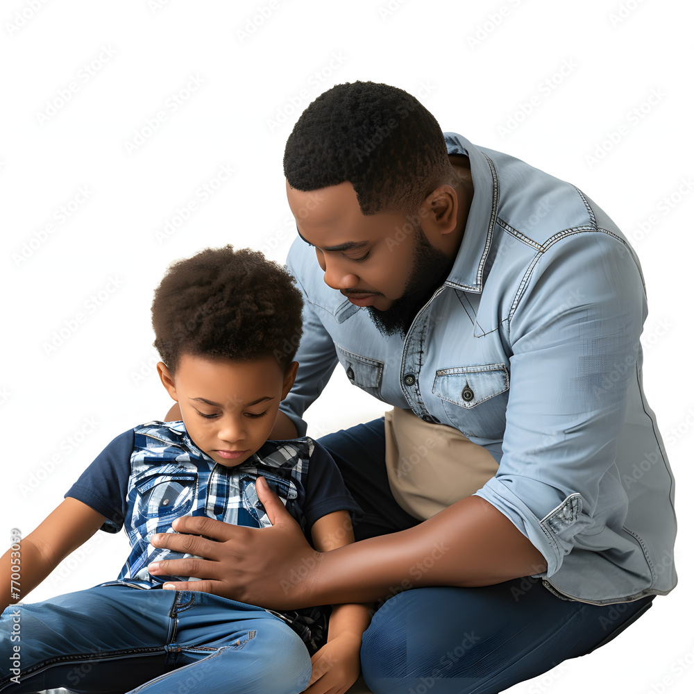 A parent performing first aid on a child while calling 911 isolated on ...