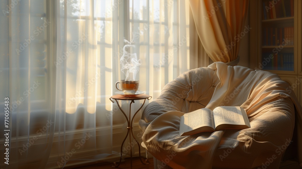 A cozy, inviting reading nook by a large window with sheer curtains ...