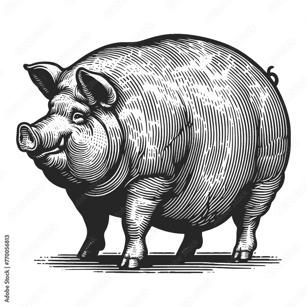 Fat pig in a vintage engraving style, with detailed shading and ...