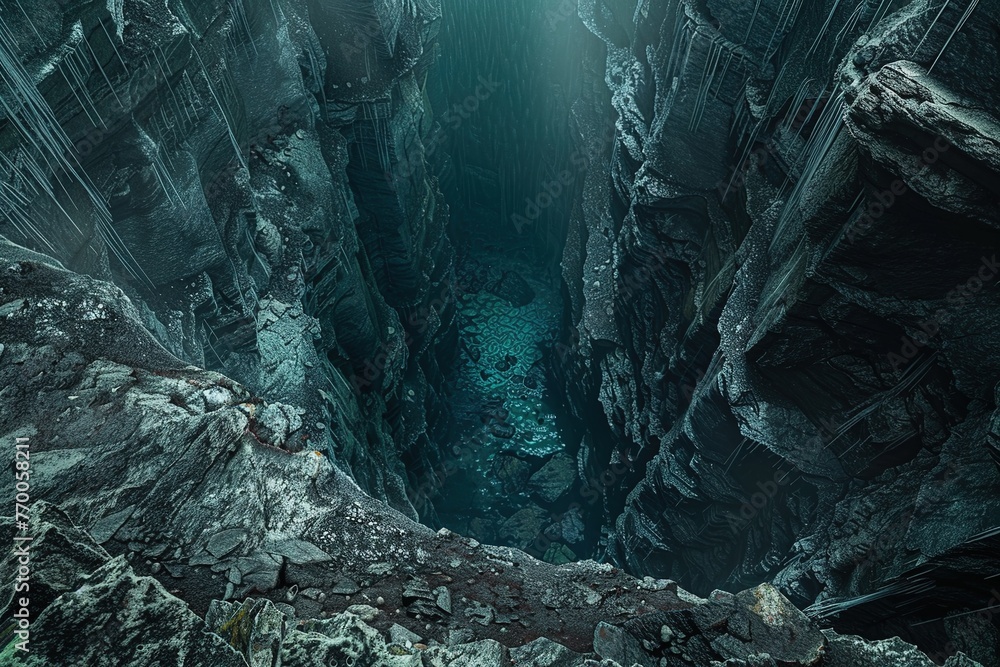 A chasm in the earth's crust leading to an eldritch abyss, where ...