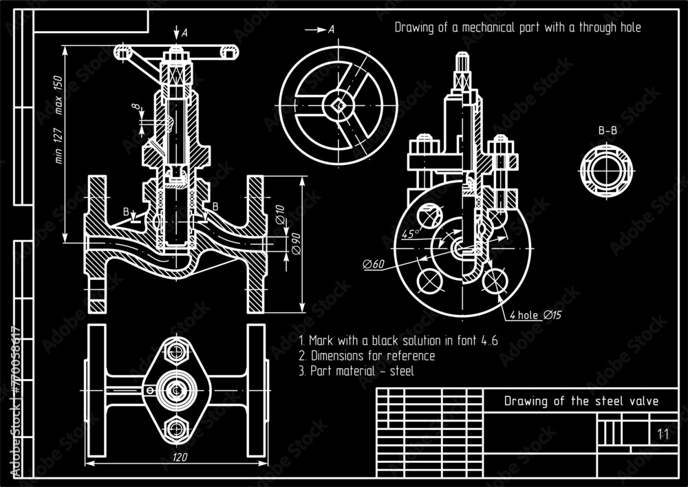 Vector drawing of a steel cast mechanical part with through holes and ...