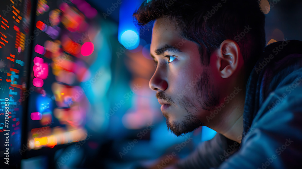 A computer coding enthusiast debugging lines of code on multiple ...