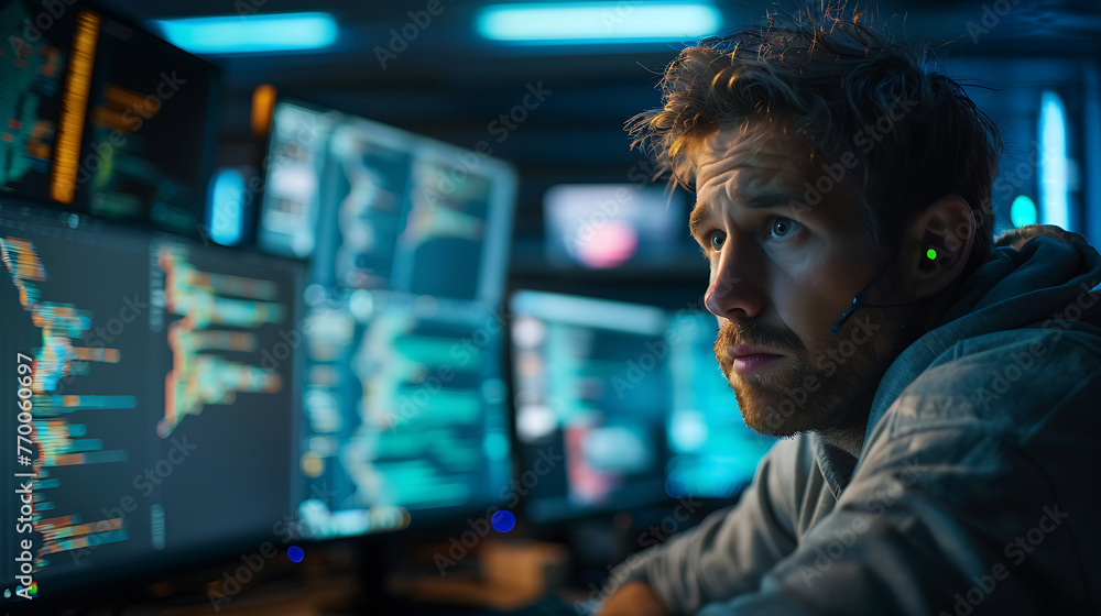 A computer coding enthusiast debugging lines of code on multiple ...