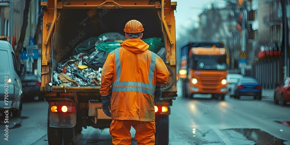 Garbage collector collecting trash for disposal into a garbage truck ...