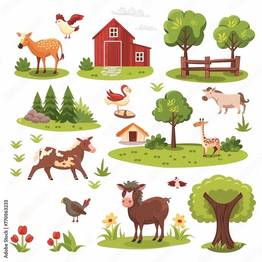 Charming Farm Animals and Rural Nature Landscape Cartoon Illustrations ...