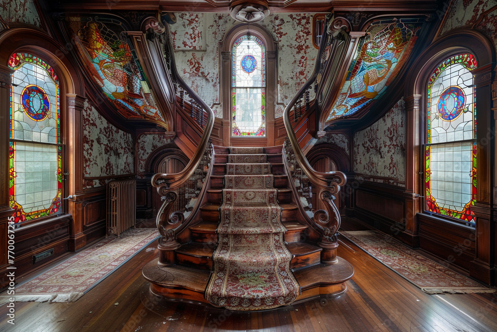 Victorian-era foyer with richly stained wood staircase featuring ...