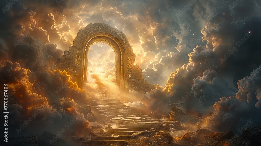 Surreal arch with radiant light opening in a cloud-filled realm ...