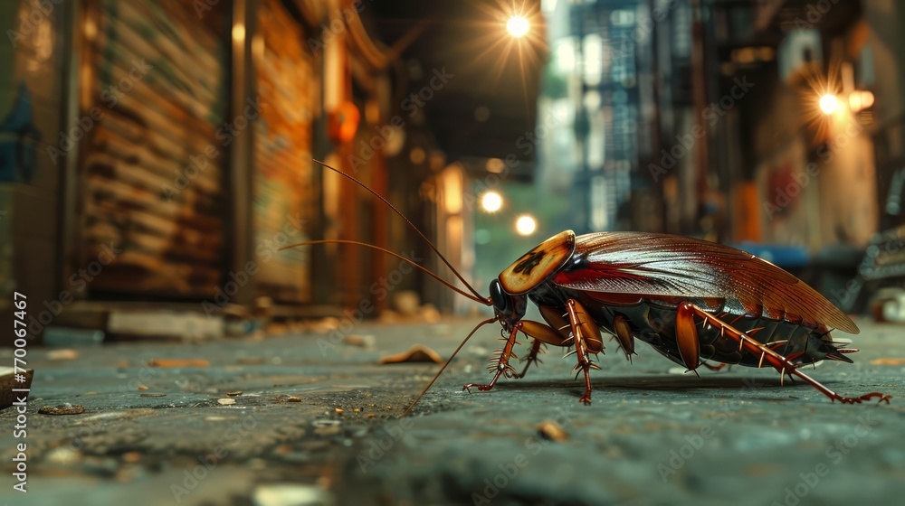 Pavement crawling cockroach under city lights. A common urban insect ...