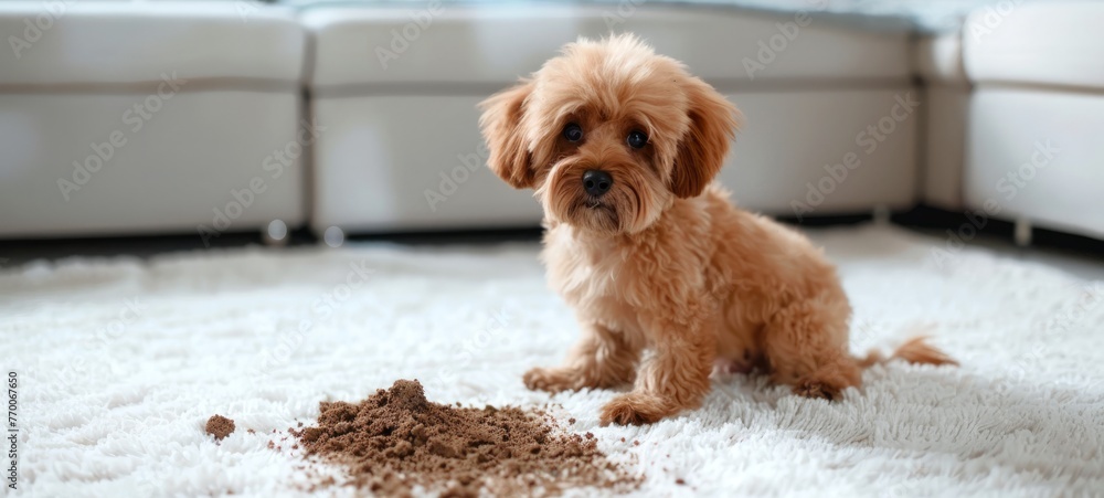 Shaggy little Dog next to a pile of soil on white carpet with a guilty ...