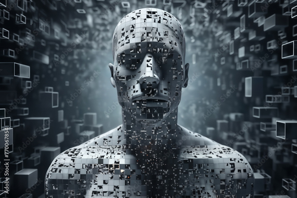 a robot with human body made of disintegrating squares and cubes ...