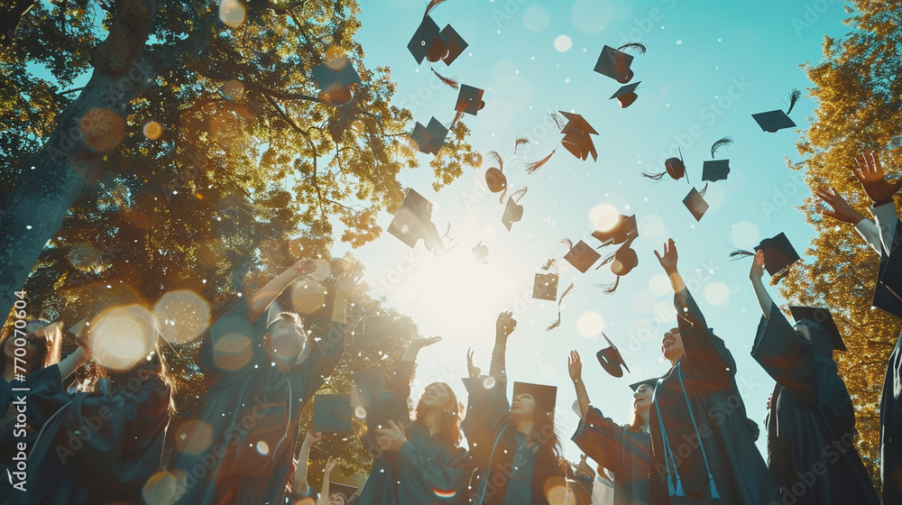 A candid shot of graduates tossing their caps in the air in celebration ...