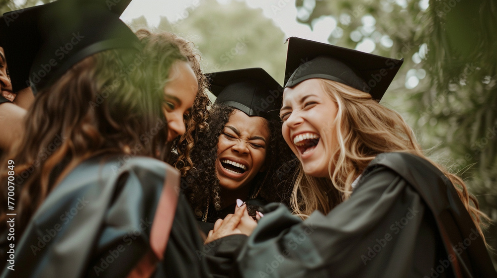 A photo of graduates huddled together, laughing and reminiscing about ...