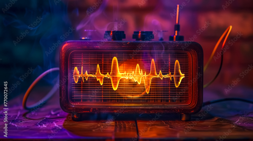 Vintage radio with glowing sound wave visualization ilustração do Stock ...