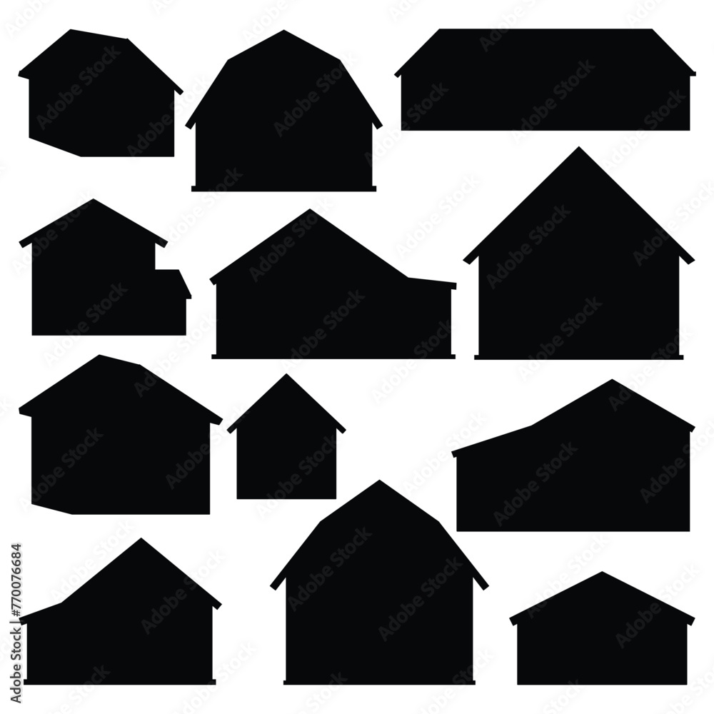 Big black barn silhouette set. Different farm houses or barns. Vector ...
