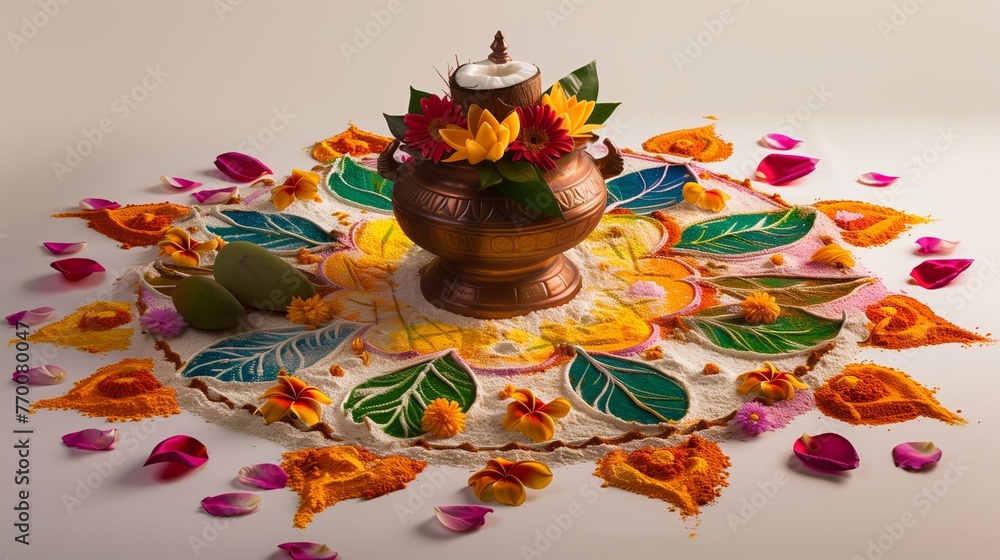 An elegant scene of a traditional kalash (sacred pot) adorned with ...