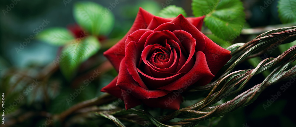 Crimson red rose blooming in dense dark green leafy undergrowth in ...