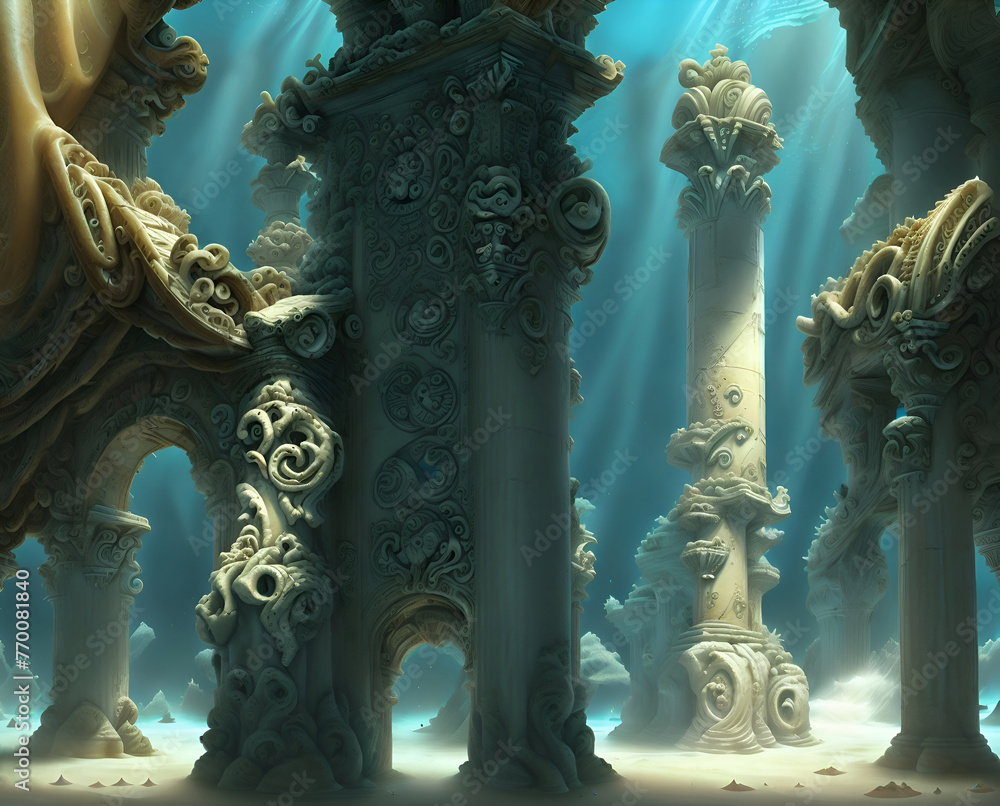 Construction with columns of lost Atlantis or Lemuria world under water ...
