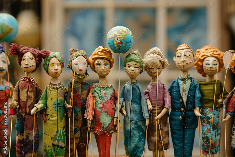 Multi cultural Human figures and world globe map concept banner, human ...