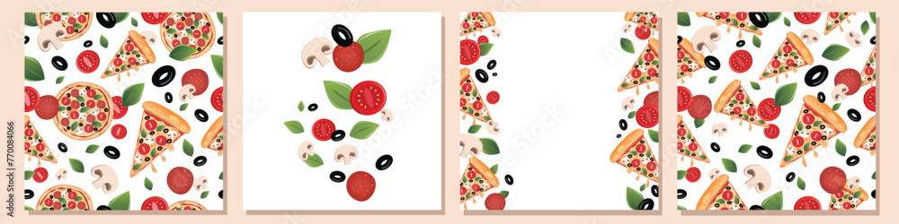 Hot whole pizza, slice and ingredients design elements set collection ...