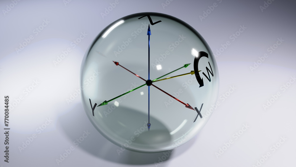 Abstract 3d render of a quaternion represented as a glass sphere with x ...