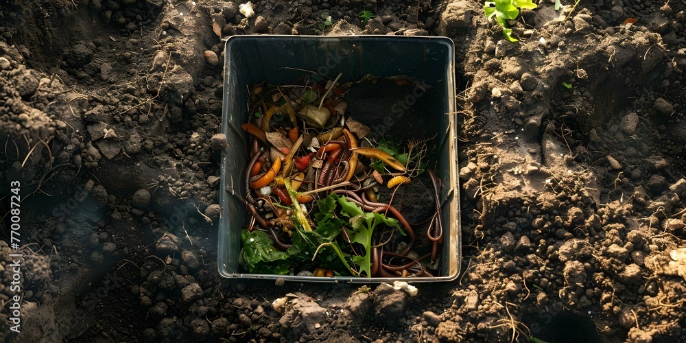 Food scraps and earthworms in an open compost bin in a garden. Concept ...