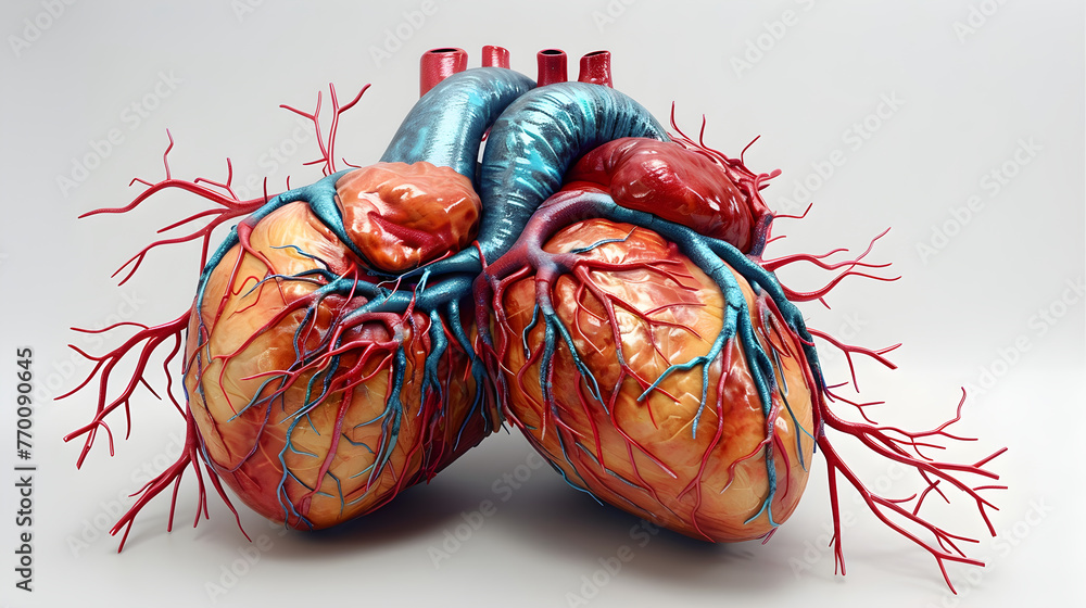 A graphic representation of a human heart with red and blue arteries ...