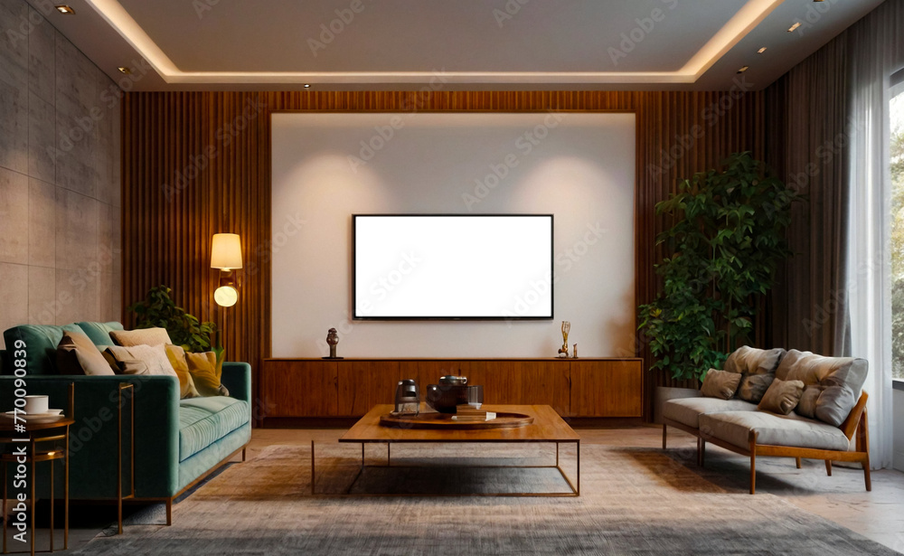 Interior has vintage feel with projector screen. TV white layout with ...