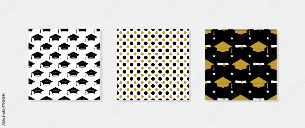 Graduation cap seamless pattern. Set of 3. rad ceremony backdrop ...