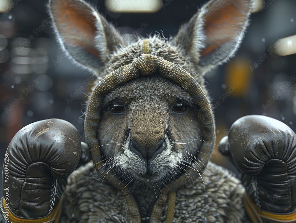 An athletic kangaroo wearing boxing gloves exudes strength in a gym ...