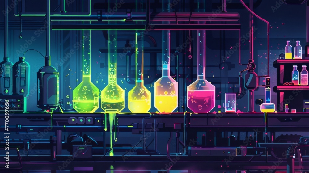 Cyberpunk lab, chemestry, glowing green viles, blue glass tubes ...