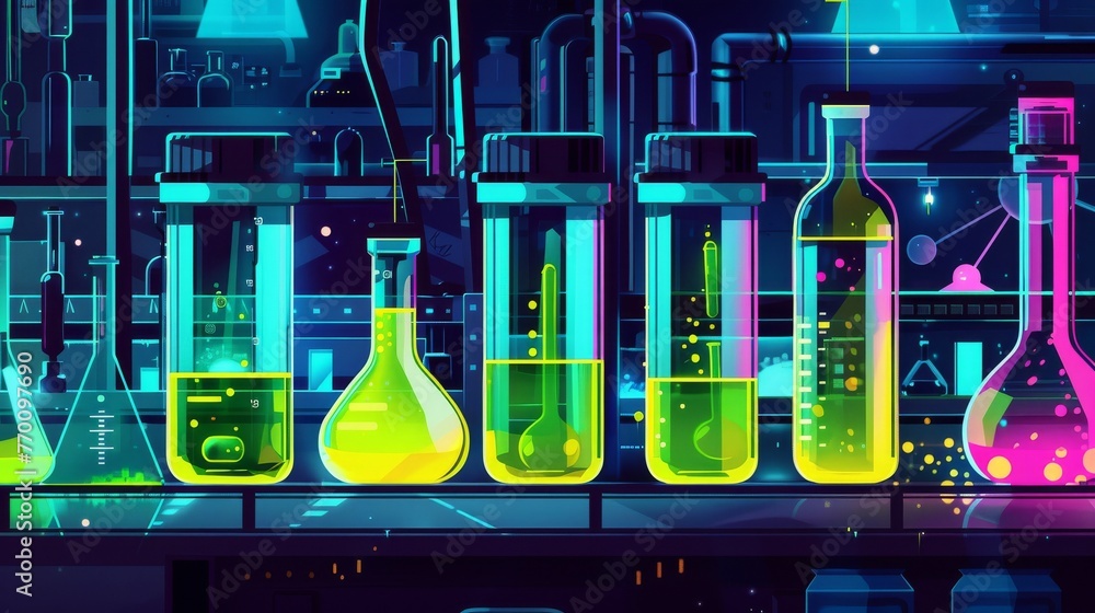 Cyberpunk lab, chemestry, glowing green viles, blue glass tubes ...