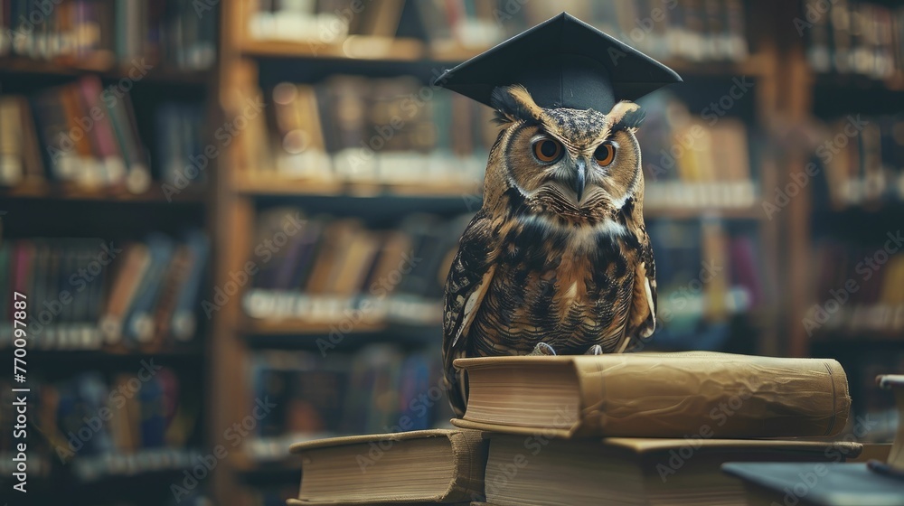 An academic owl perched against a library backdrop, perfect for ...
