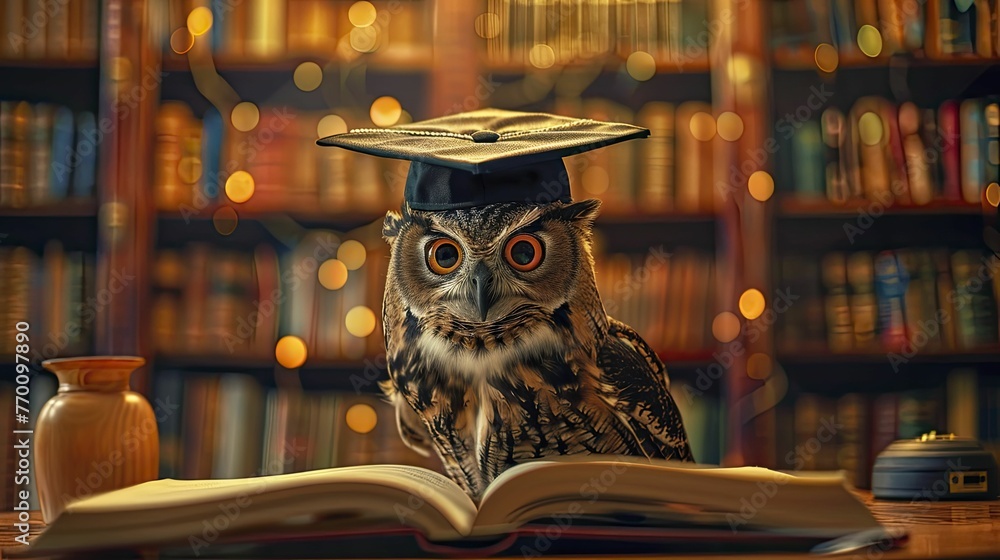 An owl donning a graduation cap in a library setting, symbolizing ...