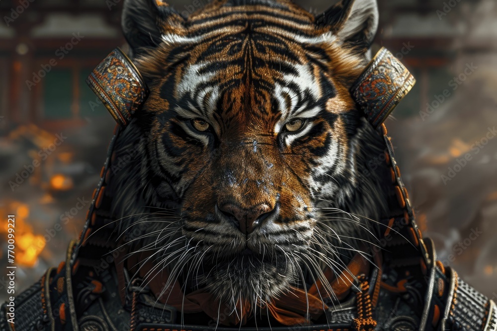 A majestic tiger donning samurai armor stands against an ancient temple ...