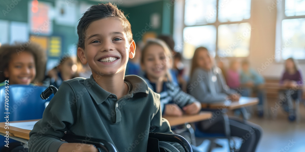 Cheerful preteen boy sitting in a wheelchair in a classroom in school ...