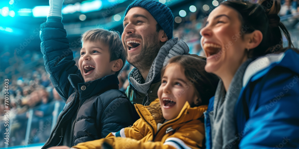 Excited parents and kids celebrating the victory of their team. Sports ...
