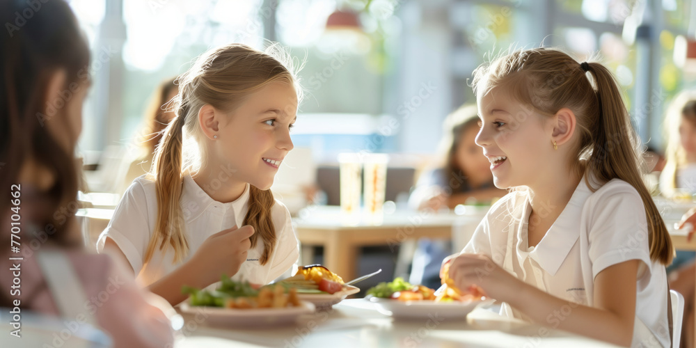 Two cute ten years old girls sitting at the table in school cafeteria ...