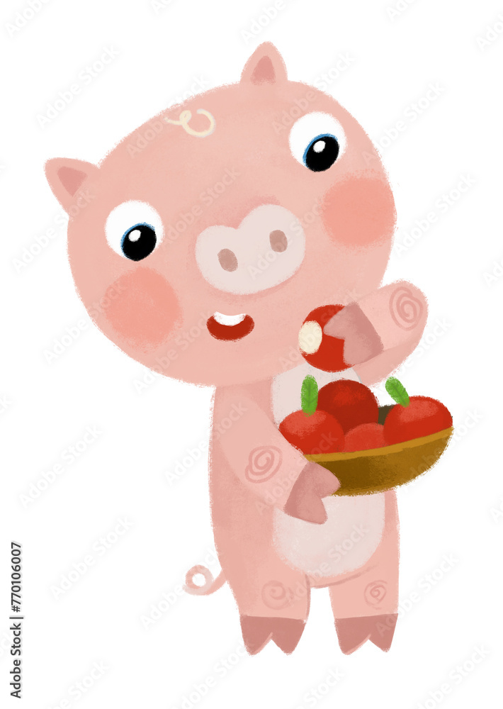 cartoon scene with happy farmer ranch pig hog holding basket full of ...