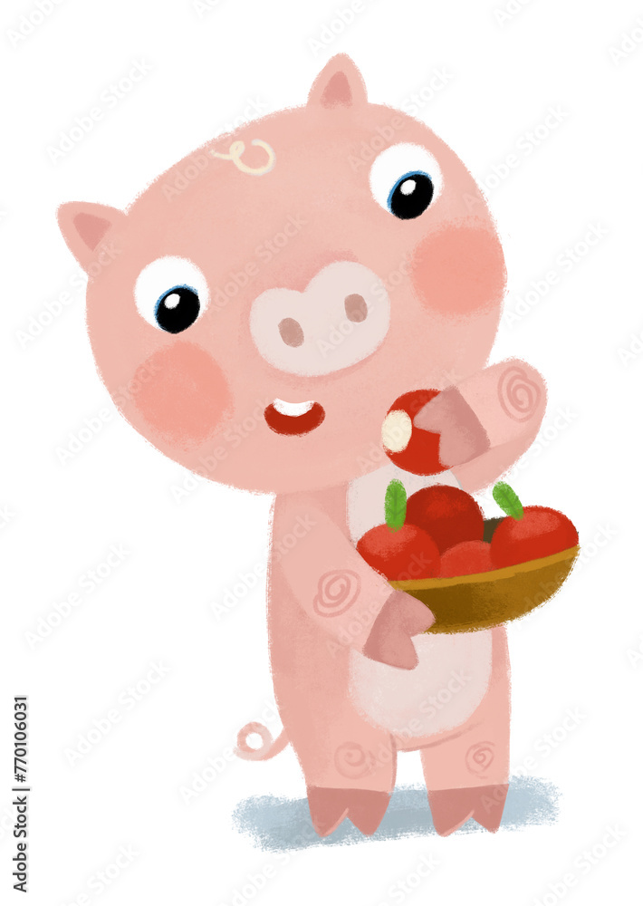 cartoon scene with happy farmer ranch pig hog holding basket full of ...