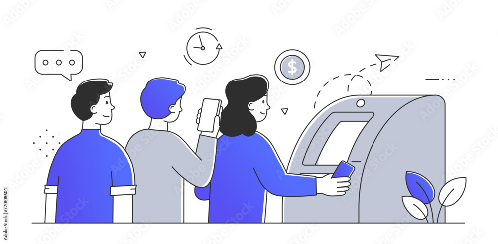 Queue at ATM simple. Men and woman with banking cards. Financial ...