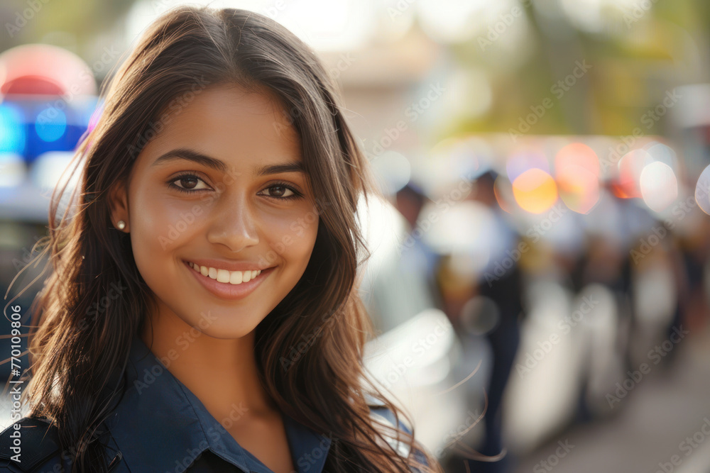 Indian woman wearing police officer uniform, patrol car background ...