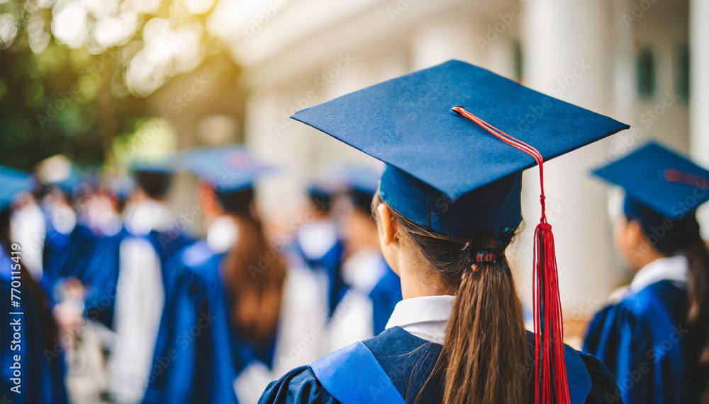 girl in blue and silver graduation cap, blonde and brunette high school ...